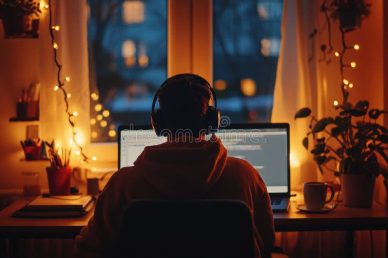 Cozy Home Study Environment Featuring Focused Student Immersed in ...