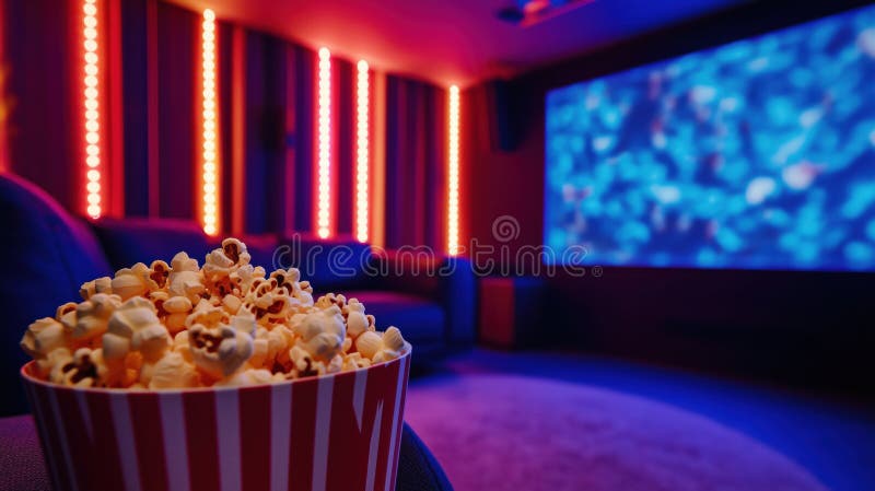 Cozy Home Theater Setup with Popcorn and Vibrant Projection Screen ...
