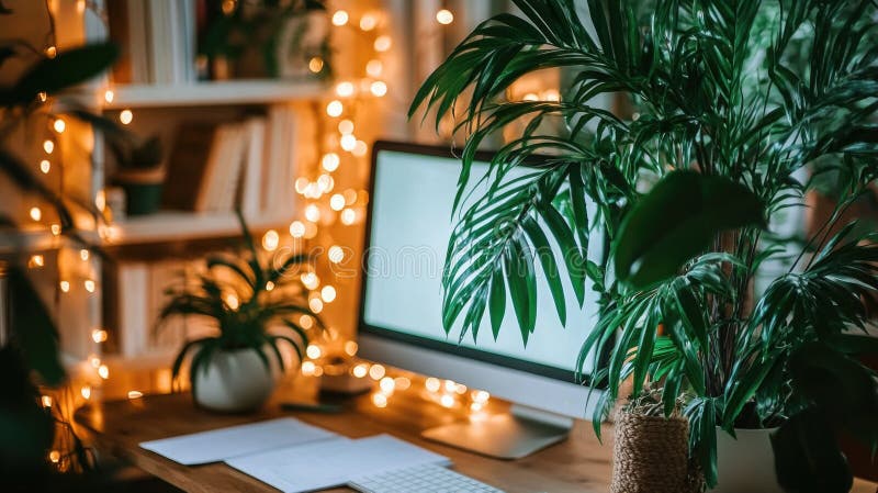 Cozy Home Workspace Computer Plants Illuminated Warm String Lights ...