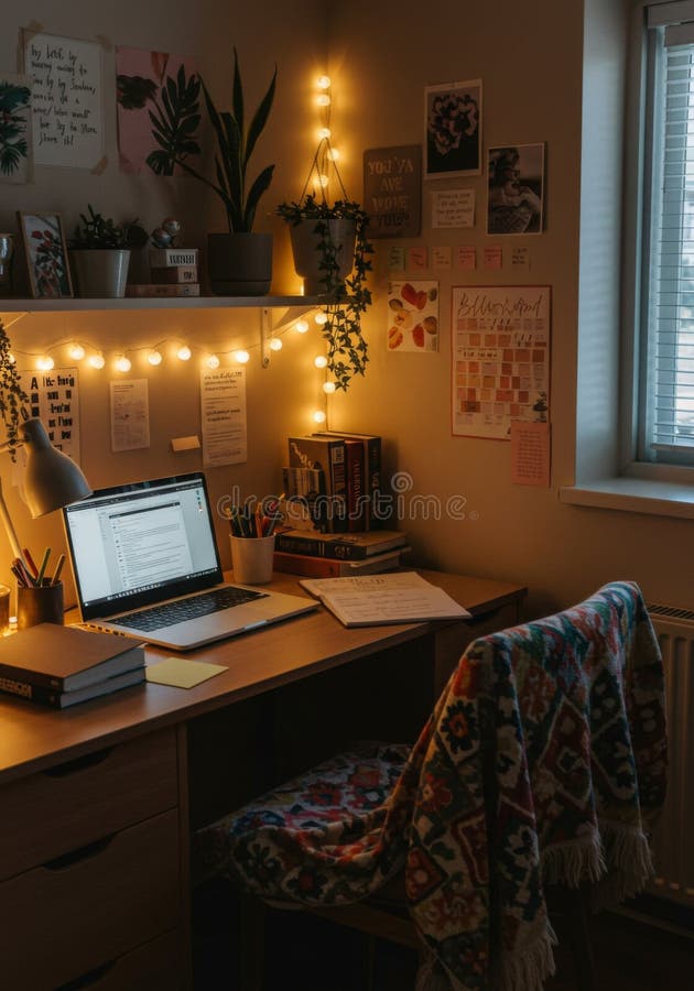 Cozy Home Workspace with Warm Lighting and Plants Stock Illustration ...