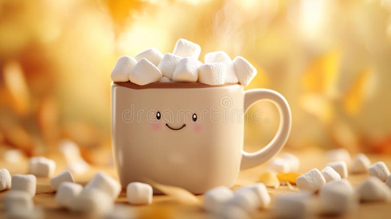 Cozy Hot Chocolate Mug with Marshmallows and Smiling Face on Autumn ...