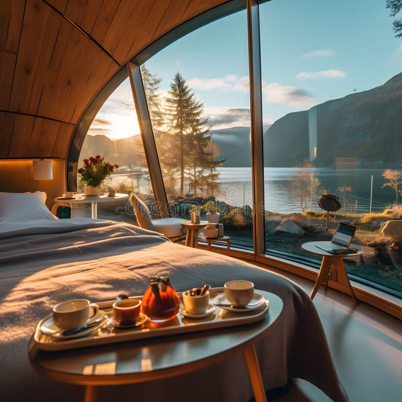 Cozy Hotel Room Interior with a Beautiful View of a Lake and Mountains ...