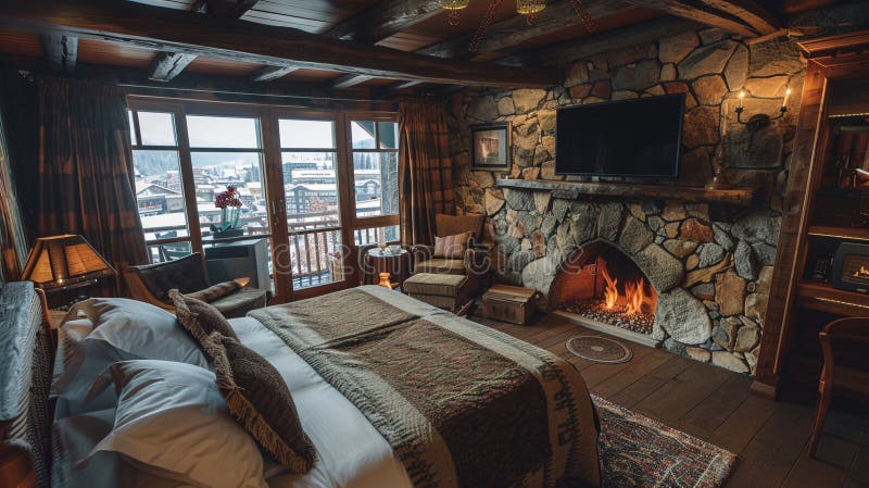 Cozy Hotel Room with Rustic Decor, Fireplace, and Outdoor View Stock ...