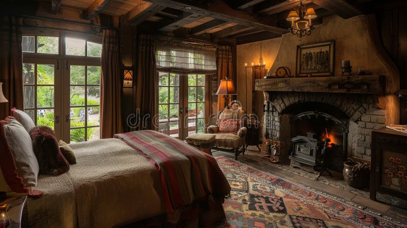 Cozy Hotel Room with Rustic Decor, Fireplace, and Outdoor View Stock ...