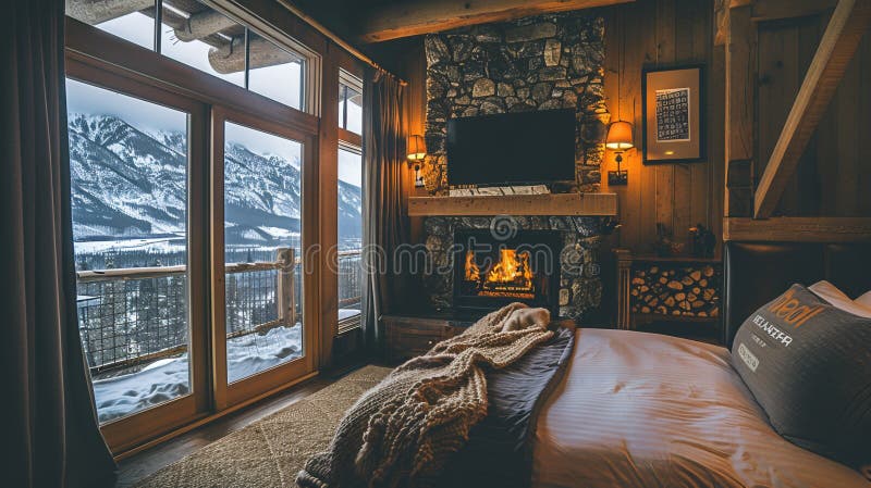 Cozy Hotel Room with Rustic Decor, Fireplace, and Outdoor View Stock ...