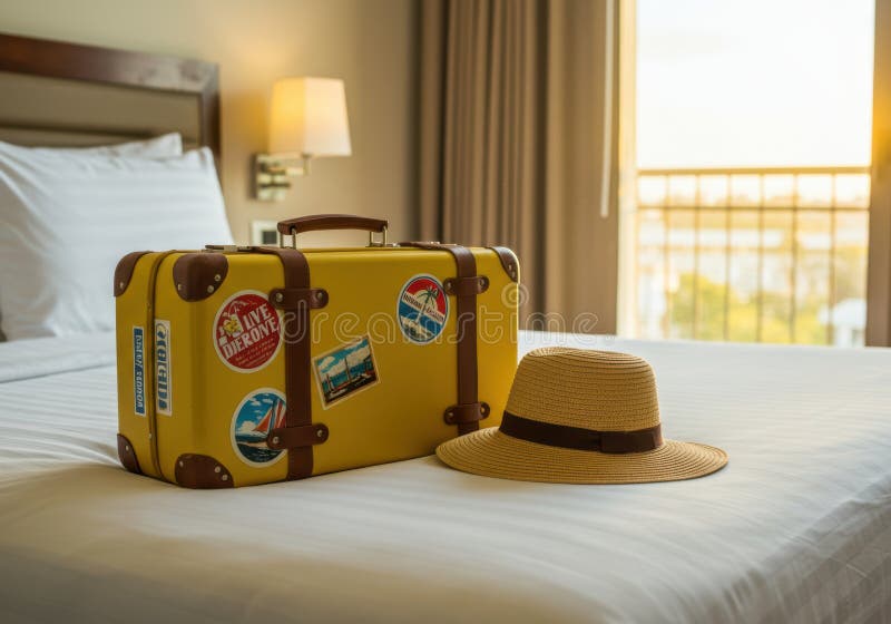 Cozy Hotel Room with Vintage Yellow Suitcase and Hat on Bed at Sunset ...