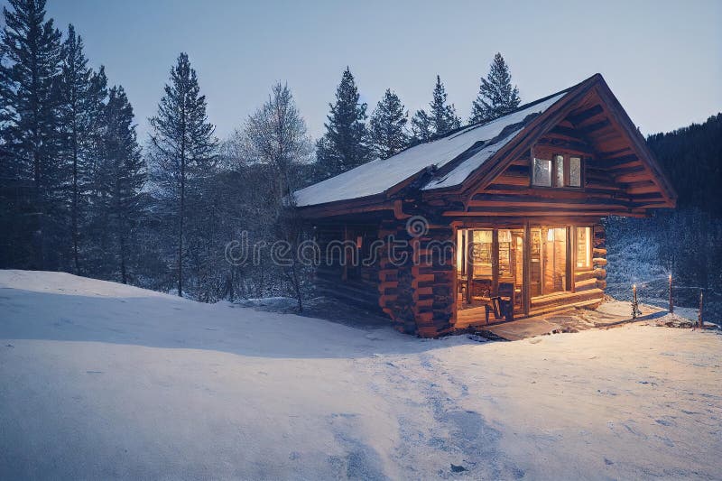 Cozy House Exterior in Mountains among Snow and Trees. Stock ...