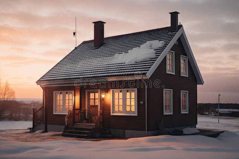 Cozy House Exterior with Sunset in the Background, Creating Warm and ...