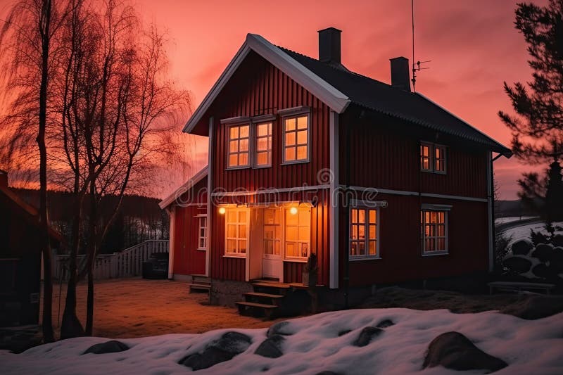 Cozy House Exterior with Sunset in the Background, Creating Warm and ...