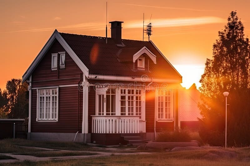 Cozy House Exterior with Sunset in the Background, Creating Warm and ...