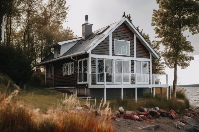 Cozy House Exterior, with View of the Beach or Tranquil Lake Stock ...