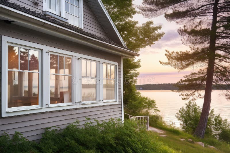 Cozy House Exterior, with View of the Beach or Tranquil Lake Stock ...