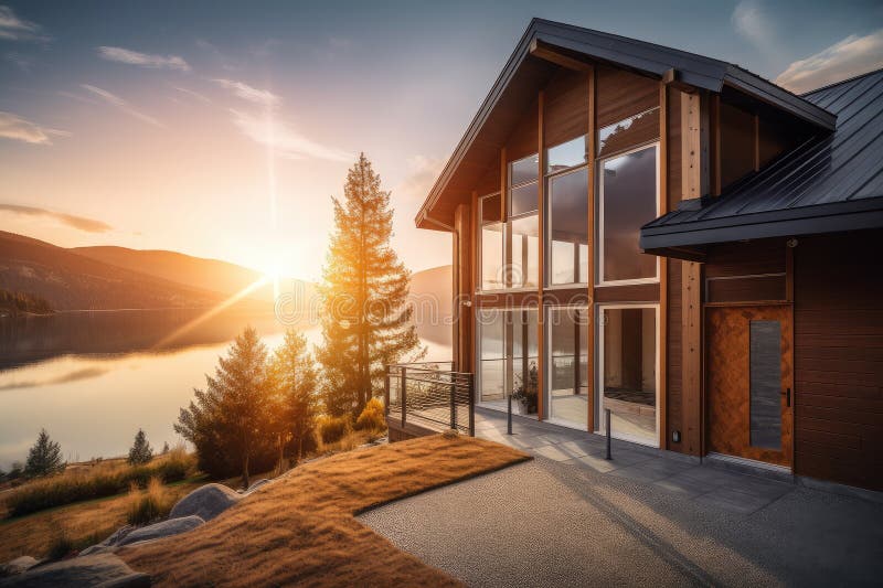 Cozy House Exterior, with View of the Sun Setting Over Mountains or ...