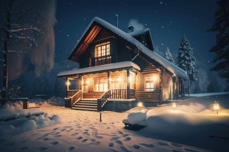 Cozy House Exterior with Warm Lighting on a Winter Night Stock Photo ...