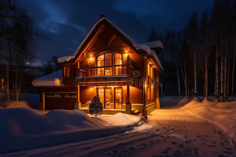 Cozy House Exterior with Warm Lighting on a Winter Night Stock Photo ...