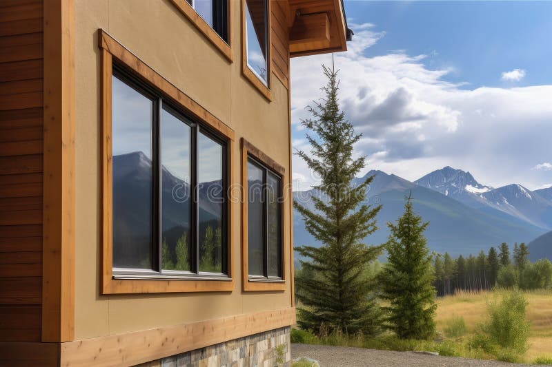 Cozy House Exterior with Window View of Scenic Mountain Range Stock ...
