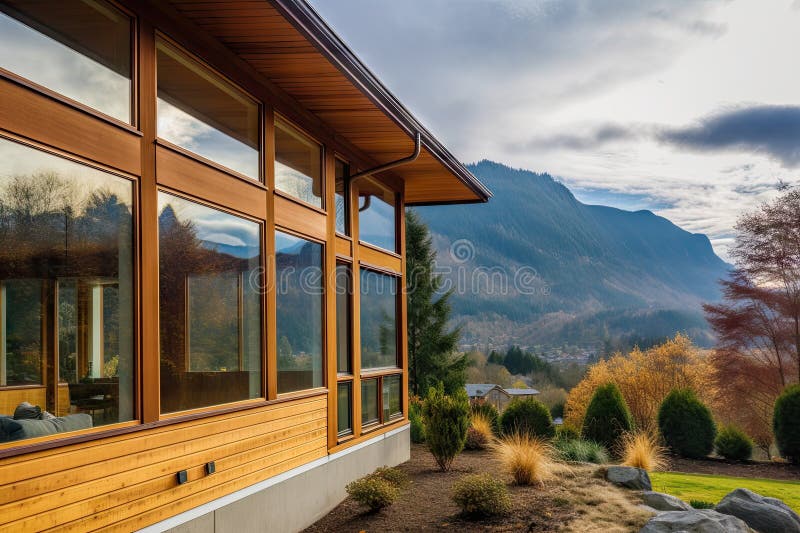 Cozy House Exterior with Window View of Scenic Mountain Range Stock ...
