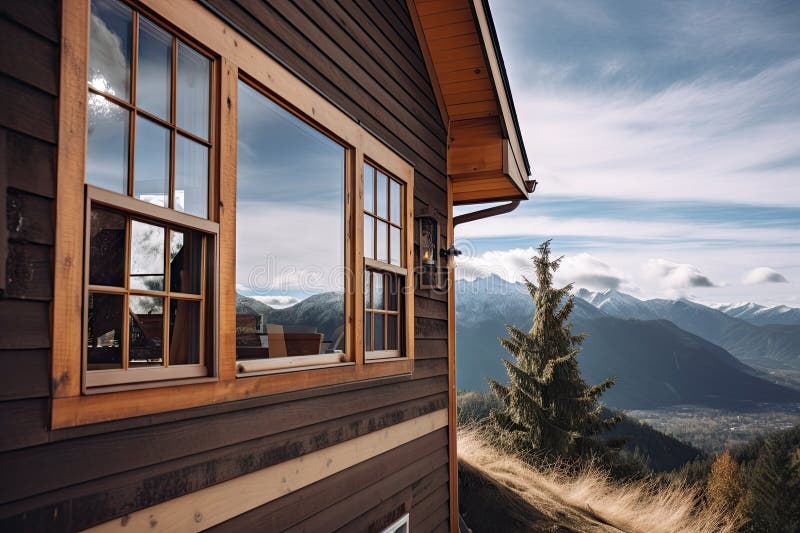 Cozy House Exterior with Window View of Scenic Mountain Range Stock ...