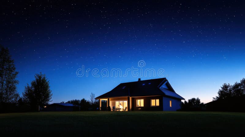 Cozy House Illuminated Under a Starry Night Sky in Quiet Countryside ...