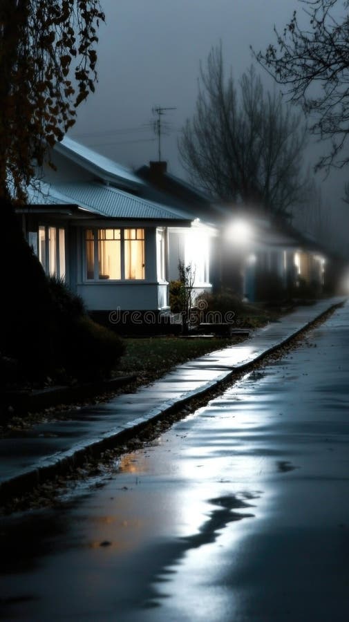 Cozy House at Night on Rainy Street with Illuminated Windows Stock ...