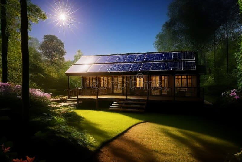 Cozy House with Solar Panels in a Beautiful Forest. Stock Photo - Image ...