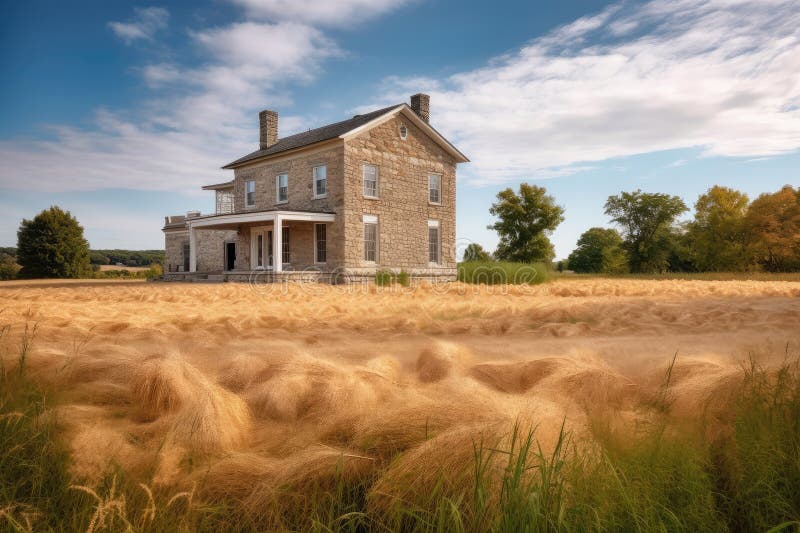 Cozy House with Stone Exterior and Front Porch, Surrounded by Fields of ...
