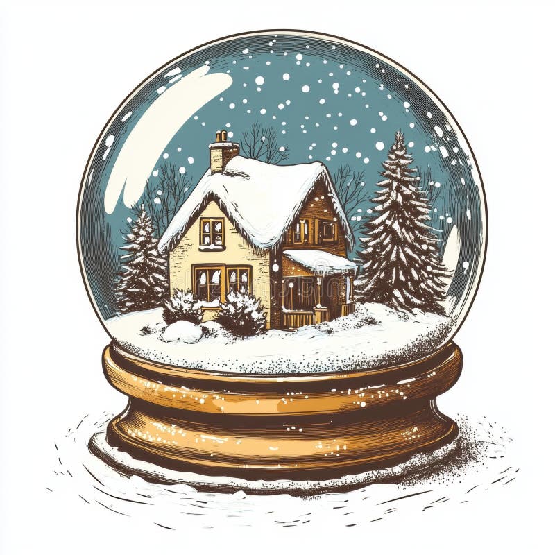 Cozy House Surrounded by Snow Inside a Snow Globe Stock Illustration ...