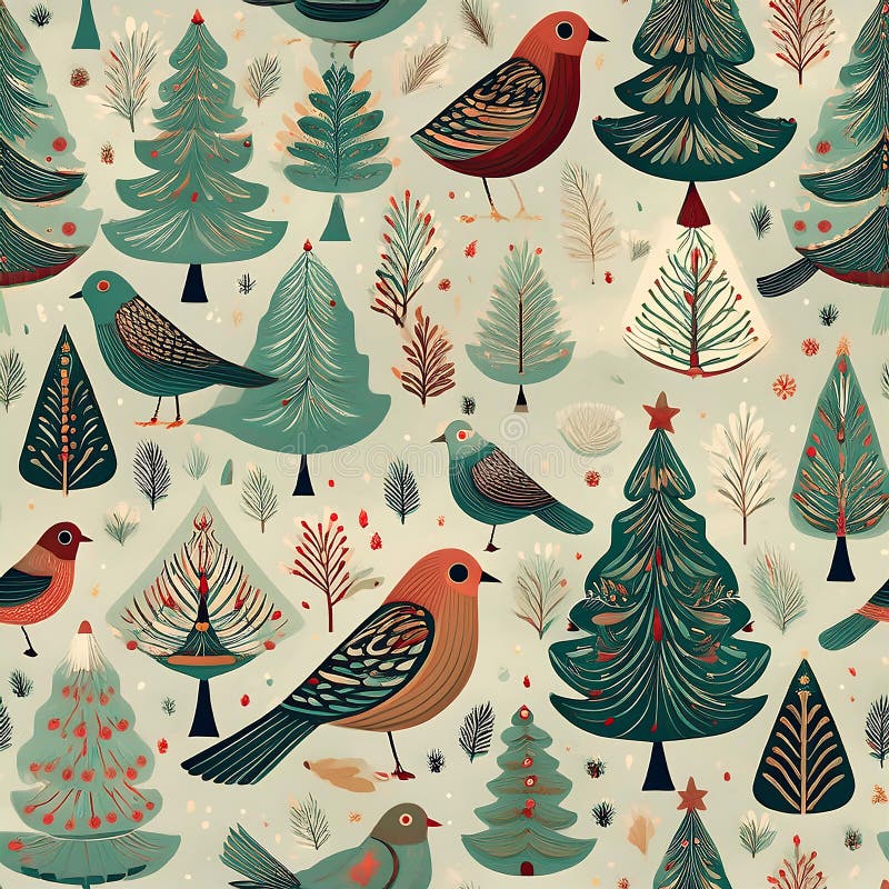 Cozy Hygge Christmas Pattern Featuring Stylized Trees and Birds ...