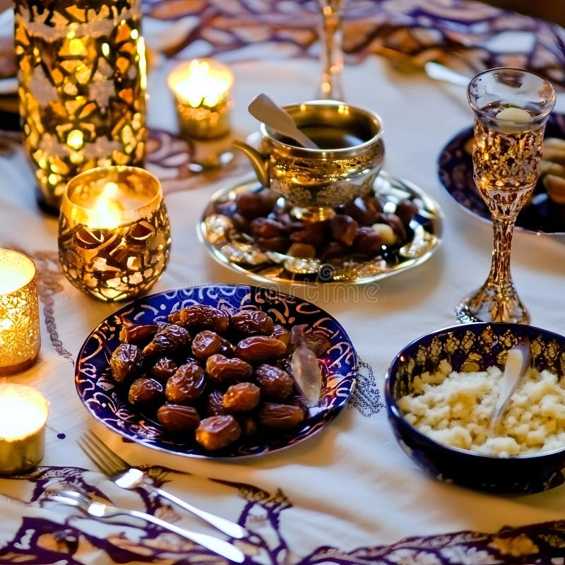 Cozy Iftar Table Setting Featuring Traditional Foods and Decorations ...