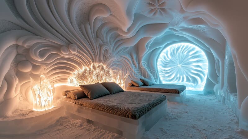 Cozy, Illuminated Ice Hotel Room with Beds and Natural Decor Stock ...