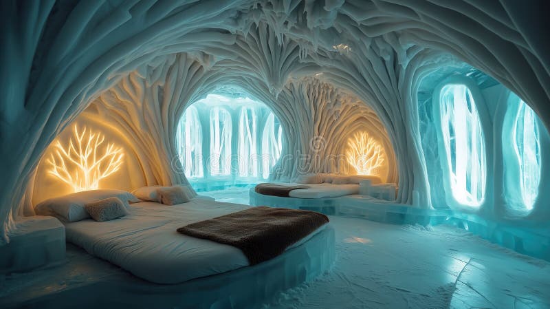Cozy, Illuminated Ice Hotel Room with Beds and Natural Decor Stock ...