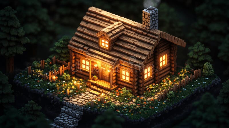 Cozy Illuminated Log Cabin in Dark Forest at Night Stock Illustration ...