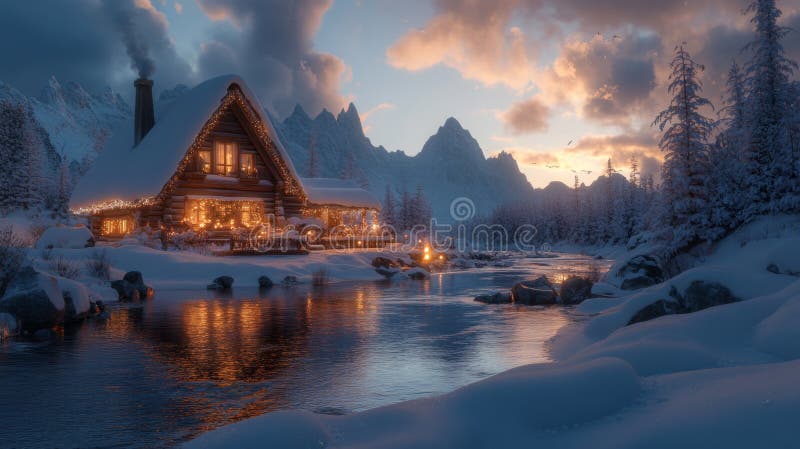 Cozy Illuminated Log Cabin Winter Mountain River Scene Stock ...