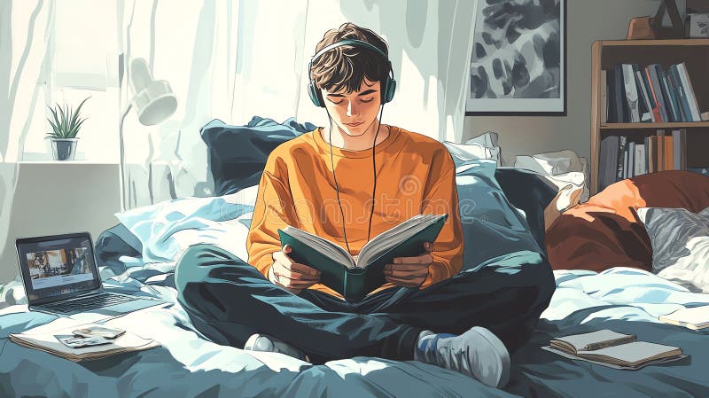 Cozy Illustration Young Person Reading Book Stock Photo - Image of ...