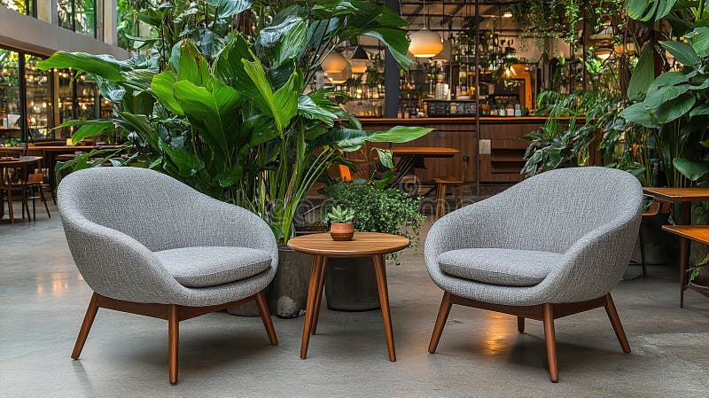 Cozy Indoor Cafe Seating Area with Abundant Greenery Stock Illustration ...