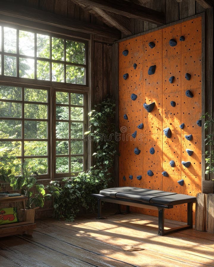 Sunlit Home Gym with Bouldering Wall in Rustic Cabin Stock Photo ...