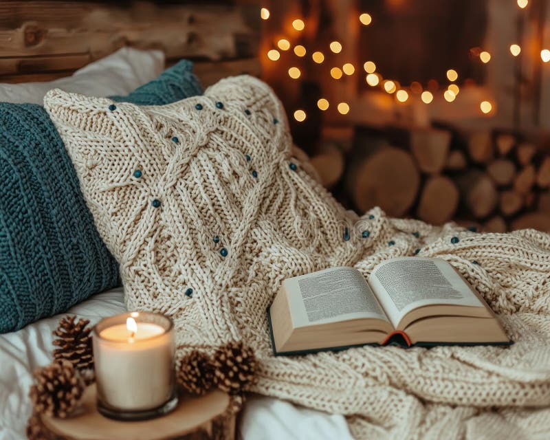 Cozy Indoor Scene Featuring an Open Book on a Knitted Blanket with ...