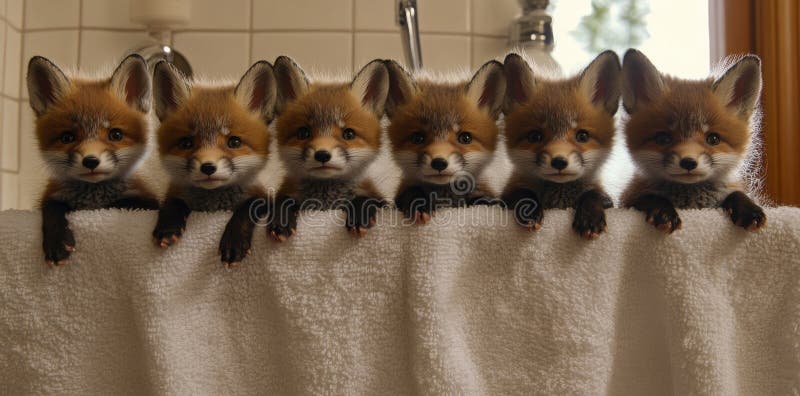 In a Cozy Indoor Setting, Five Adorable Fox Cubs are Peeking Over a ...