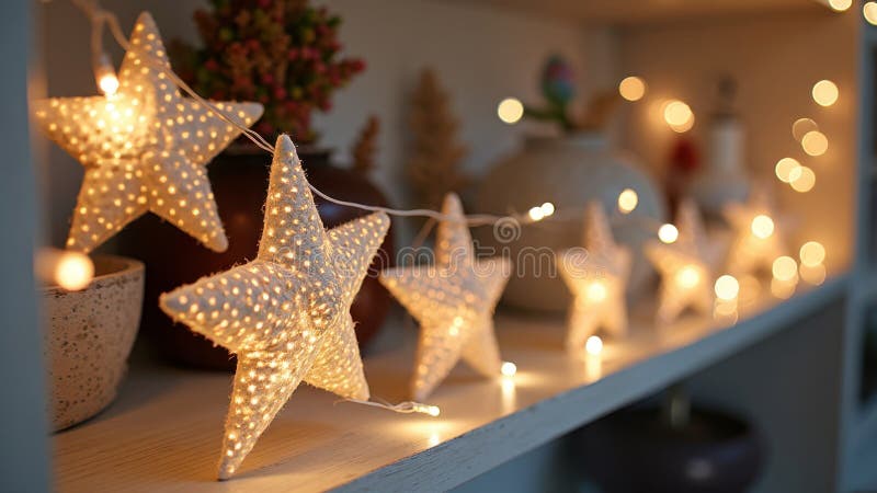 Cozy Indoor Shelf with Star-shaped String Lights for Festive Decor ...