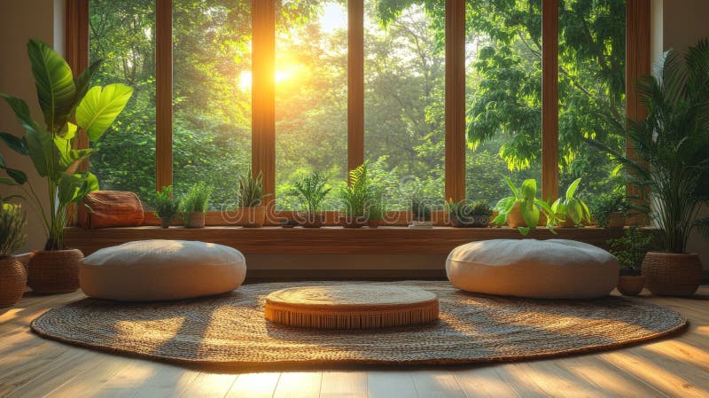 Cozy Indoor Space with Cushions and Natural Light from Large Windows in ...