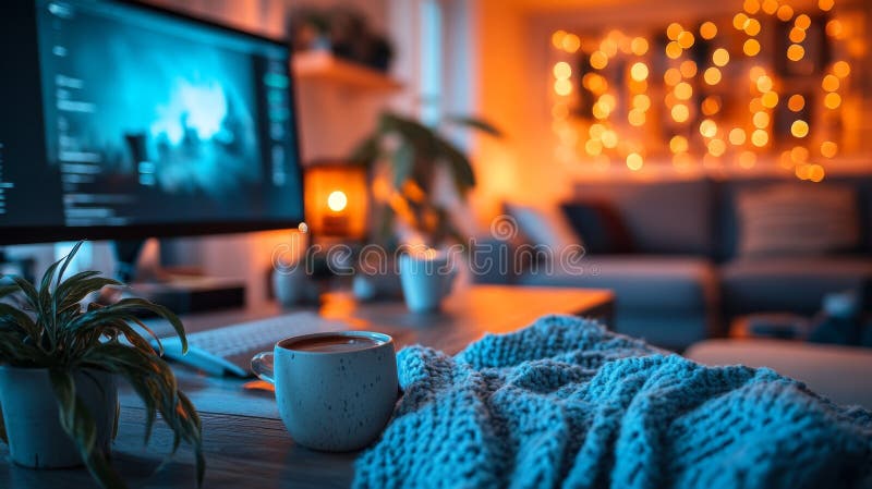 Cozy Indoor Workspace with Computer, Warm Lighting, and Decorative ...