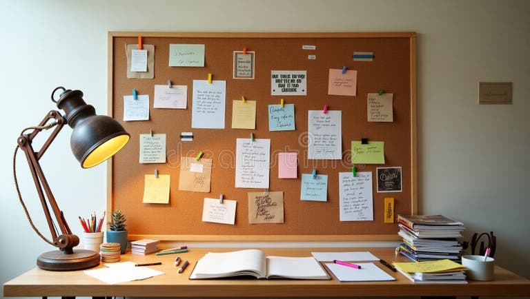 An Inviting Creative Workspace with an Open Notebook Glowing Desk Lamp ...