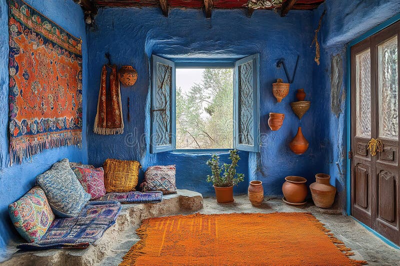 Cozy Interior Blue Walls, Pillows, Rug, Open Window, Rustic Pottery ...