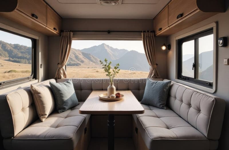 Cozy Interior of a Camper Van with Mountain Views during Golden Hour ...
