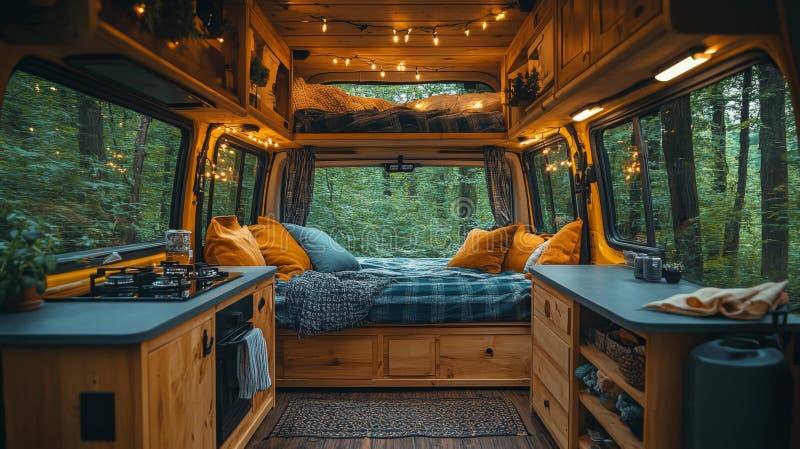 Cozy Camper Van Interior with Warm Lighting and Forest Views, Perfect ...