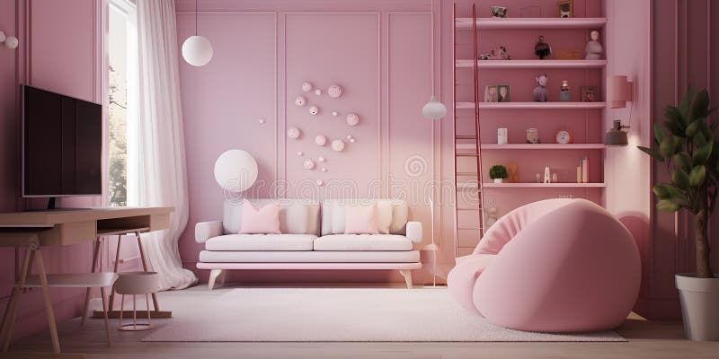 Cozy Interior of Children Room in Pink Colors Stock Illustration ...