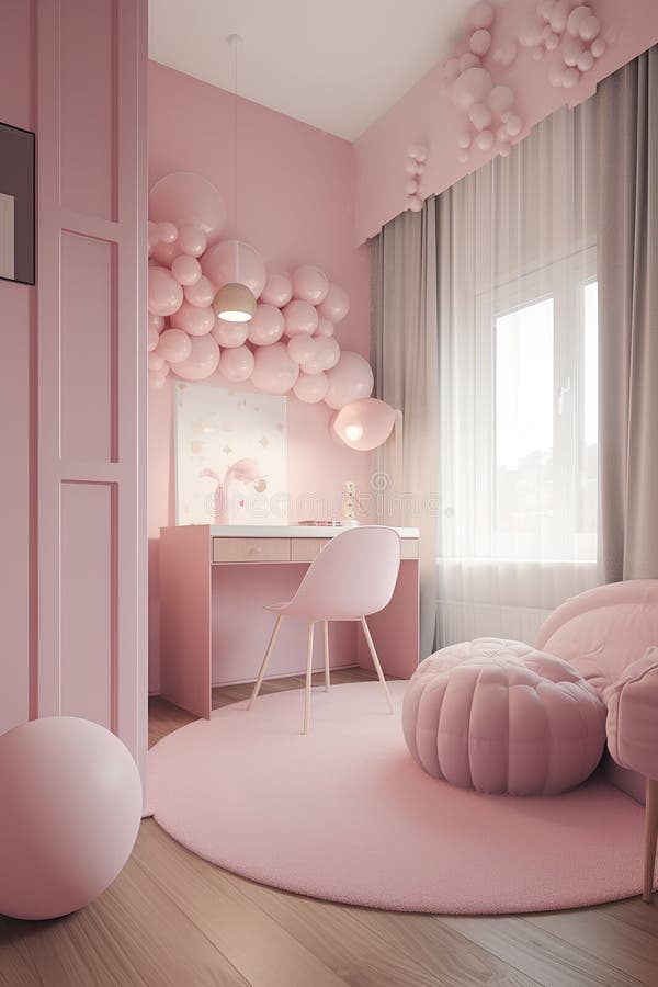 Cozy Interior of Children Room in Pink Colors Stock Illustration ...