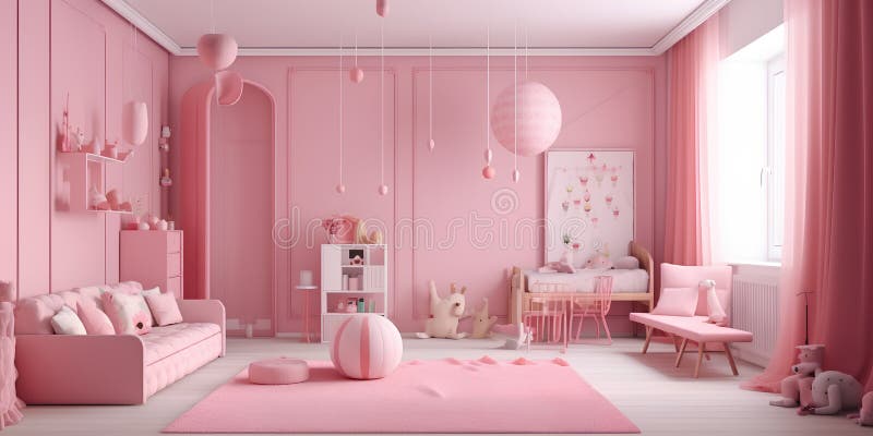Cozy Interior of Children Room in Pink Colors Stock Illustration ...