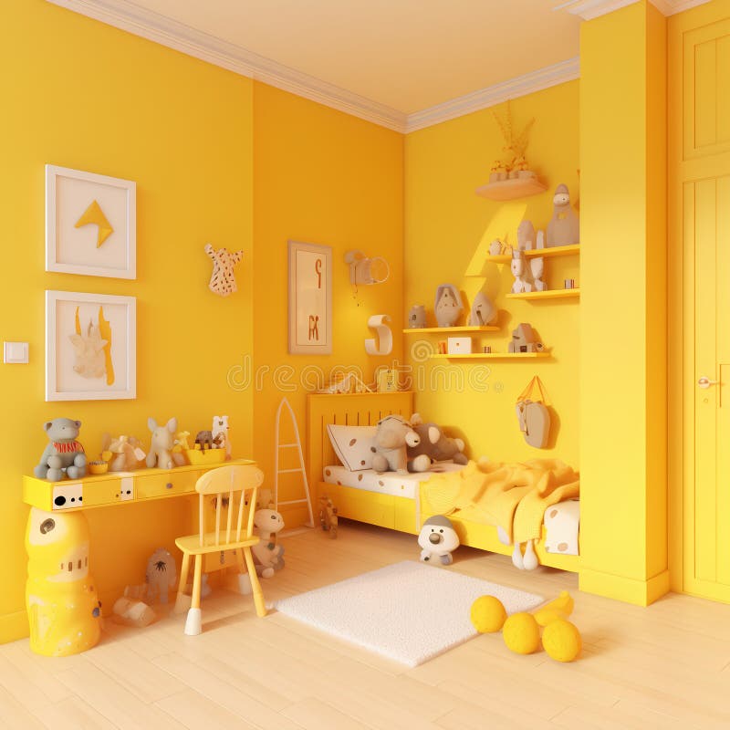Cozy Interior of Children Room in Yellow Colors Stock Photo - Image of ...