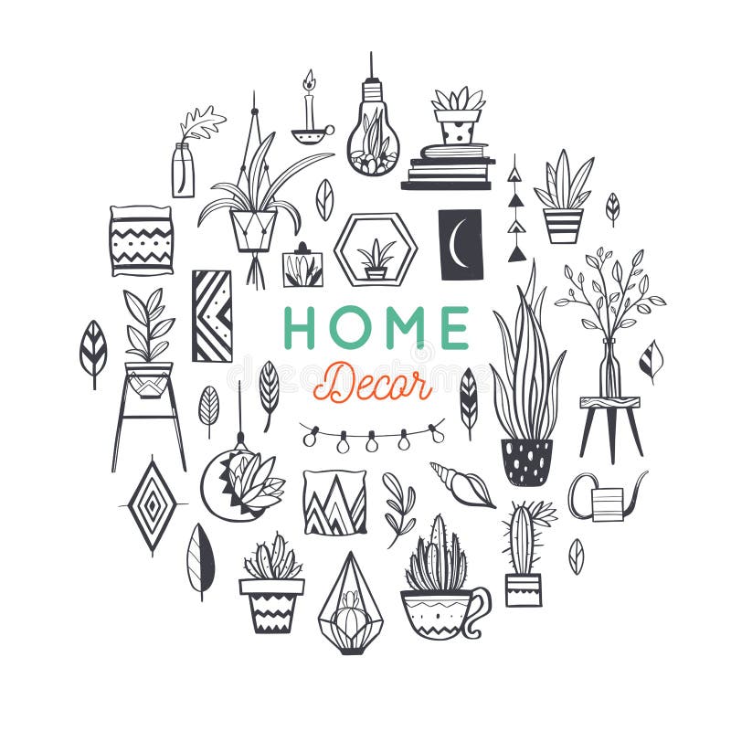 Cozy Interior Decor Vector Elements . Hand Drawn House Plants and ...